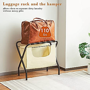 ELYKEN 2 Pack Luggage Rack with Laundry Bag, Guest Room Folding Space Saving Suitcase Holder, Max 110LBS Baggage Shelf with Heavy Duty Nylon Belts, Dirty Clothes Storage for Bedroom Hotel