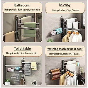 4-pole 180 ° rotatable towel bar, aluminum alloy swing arm Bath Towel Bars bathroom towel rack, swing hook towel rack storage rack, bathroom wall mounted towel storage rack, Silver gray