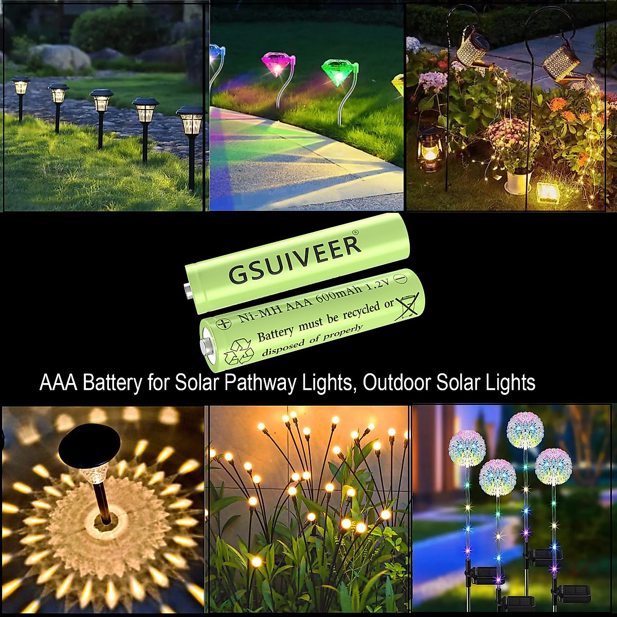 GSUIVEER Rechargeable Solar Light Batteries AAA NiMh 600mAh 1.2V for Outdoor Garden Lights (8 Pack)