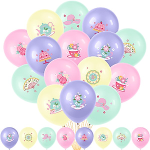 Leyndo 32Pcs Tea Party Balloons, 12Inch Latex Balloons with Teapot, Teacup, Cake & Floral Designs, Assorted Colors, for Wedding, Birthday, Baby Shower, Bridal Shower Decorations
