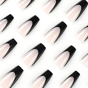24Pcs Black French Tip Press on Nails Long Coffin Fake Nails with Glue Natural fit False Nails Full Cover Nail Tips Acrylic Artificial Glue on Nails Natural Reusable Stick on Nails for Women