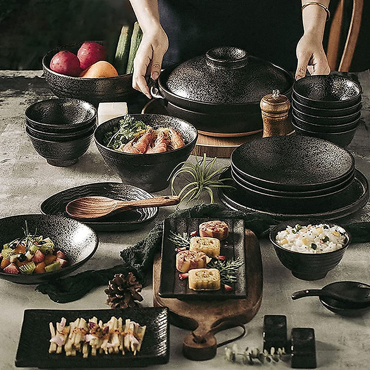 GagalU Plate Set –Kitchen Tableware Set,Ceramics Dinnerware Sets, Plates and Bowls Sets | 66 Pcs Kiln Change Dishes Set - Black Dinner Plates/Steak and Plate