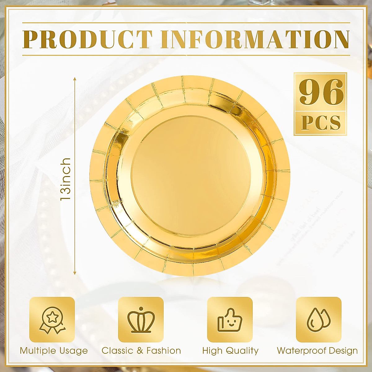 96 Pcs Disposable Gold Round Charger Plates 13 Inch Charger Dishes for Dinner Heavy Duty Golden Dessert Plates Disposable Party Serving Tray Food Paper Plates for Table Setting Wedding Birthday