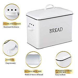 EXTRA LARGE Bread Box with 2 Lids - Metal & Bamboo Lid - White Metal Bread Box for Kitchen Countertop - Holds 2+ Loaves - Farmhouse Bread Box - Bread Storage Ventilation Holes - XXL Bread Bag