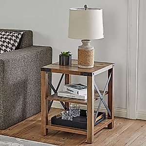AMERLIFE 18 Inch Farmhouse End Table, Industrial Accent Side Table with 3 Storage Shelves for The Living Room, Rustic Wood Nightstand for Bedroom, X-Shaped Metal Frame Support, Rustic Oak