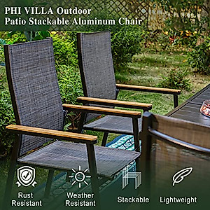 PHI VILLA Patio Stackable Dining Chairs, Lightweight Aluminum Outdoor Sling Chairs with Extra Wide Seat & Wood-Like Armrest, Stackable Space Saving Garden Lawn Chairs for All Weather, Set of 2