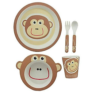 Ebros Whimsical 5 Piece Dinnerware Set for Kids Children Toddler Baby Made of No BPA Eco Friendly Organic Bamboo Fiber Fork Spoon Plate Bowl and Cup Essentials (Jungle George Monkey)