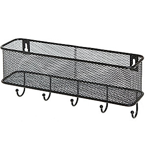 MyGift Modern Black Metal Walll Mounted Key Hook Organizer and Mail Holder, Entryway Hanging Wire Mesh Storage Basket with 5 Hooks