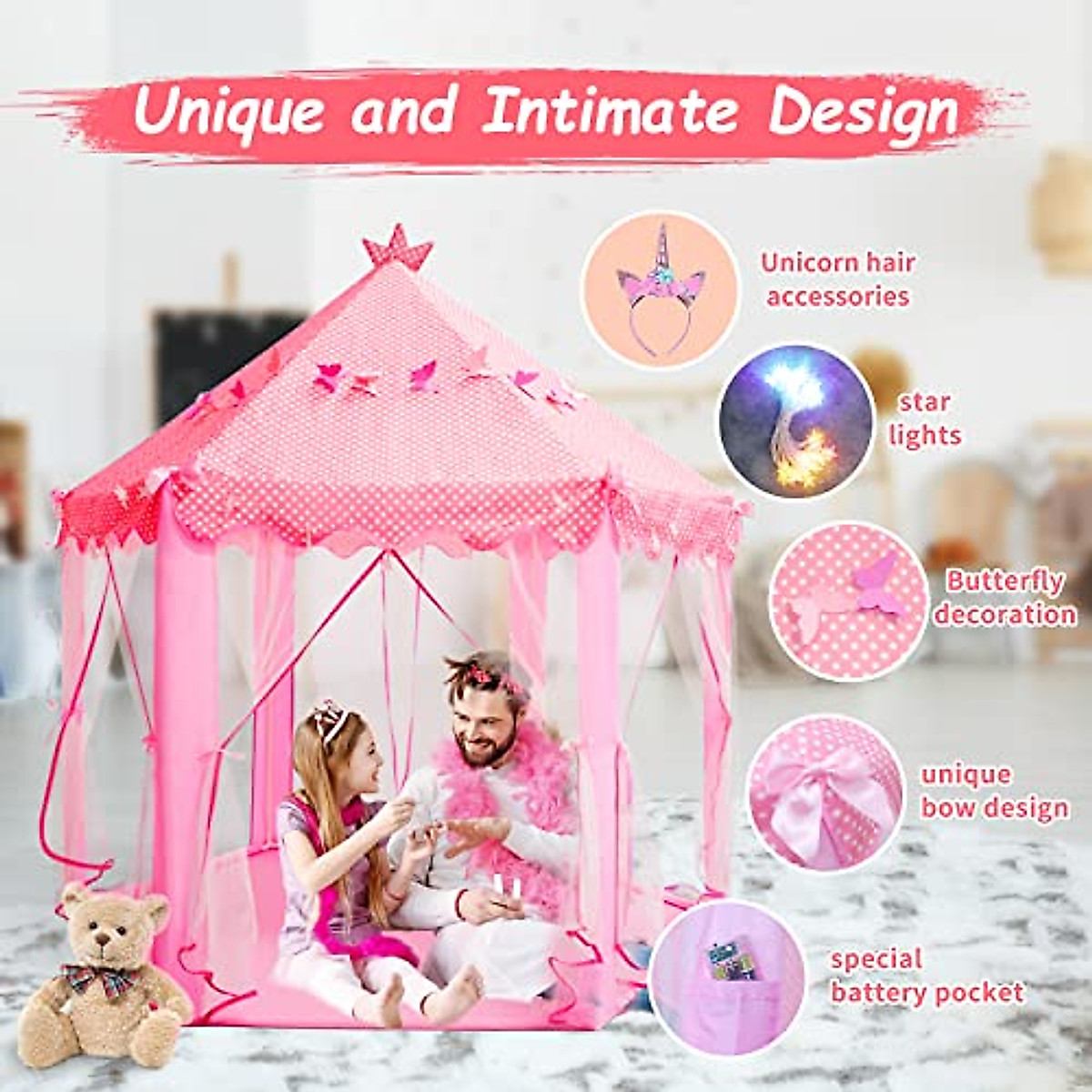 NABIYE Large Princess Tent for Girls, Kids Play Tent with LED Star Lights, 55'' x 53'' (DxH), Princess Toys, Princess Castle for Indoor and Outdoor Games, ASTM&CPC Certified Pink