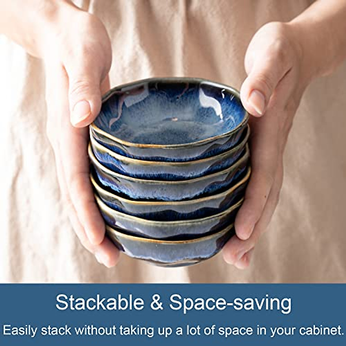 HOKELER 3.7 inch Small Ceramic Dipping Bowls Pinch Dip Bowl Side Dishes for Soy Sauce Dessert Tomato, Set of 6, Black & Blue