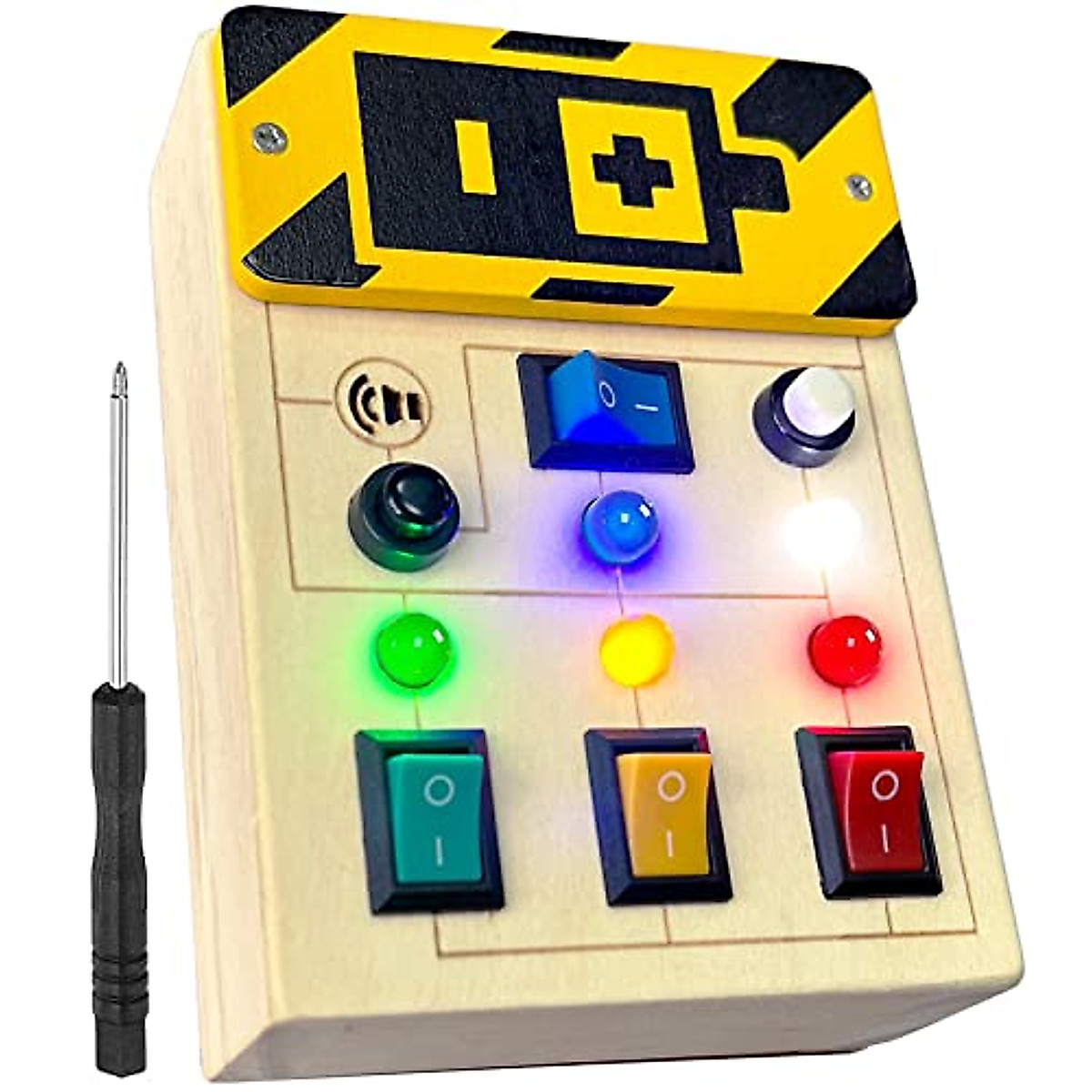 TEUVO LED Light Switch Busy Board for Toddler with Sound Montessori Toys Wooden Sensory Board Travel Toys with Button Keep Toddler Busy Educational Learning Toy Gifts for Kids Boy Girls Aged 1 2 3 4 5