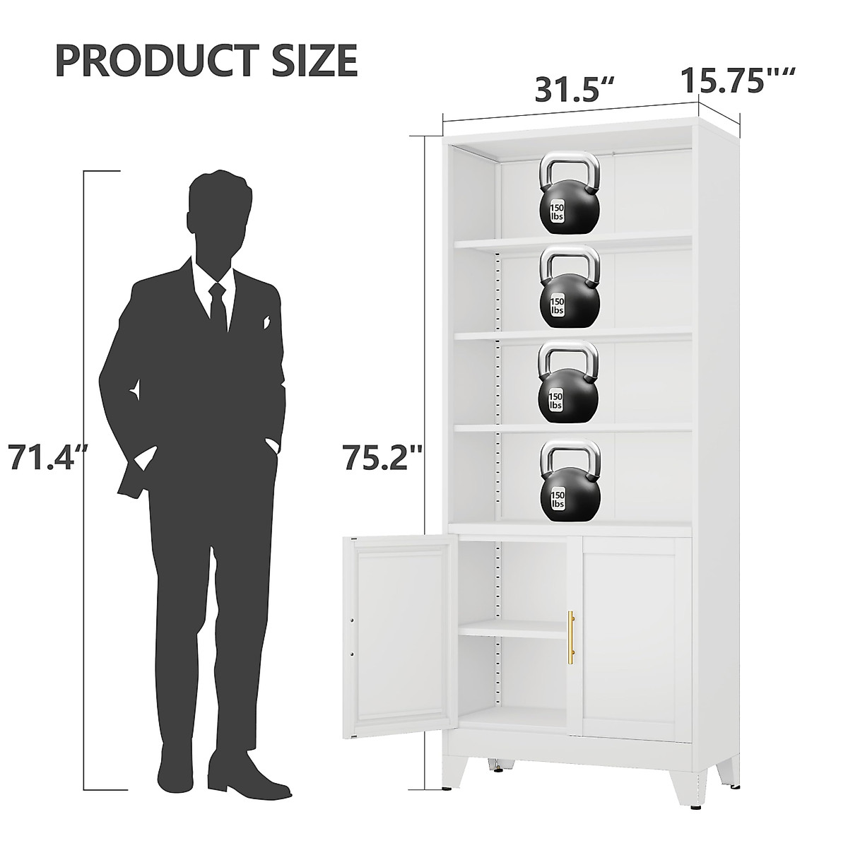 pozdeg 6 Tier Bookshelf and Bookcase, Metal Bookshelves with 4 Adjustable Shelves and 2 Doors, Floor Bookcase and Office Storage Cabinets for Office Study Livingroom Bedroom (White)