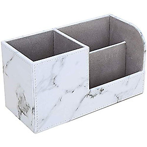 KINGFOM Desk Organizer Office Supplies Caddy Pu Leather Multi-Function Storage Box Pen/Pencil,Cell Phone, Business Name Cards Remote Control Holder Gray Marble