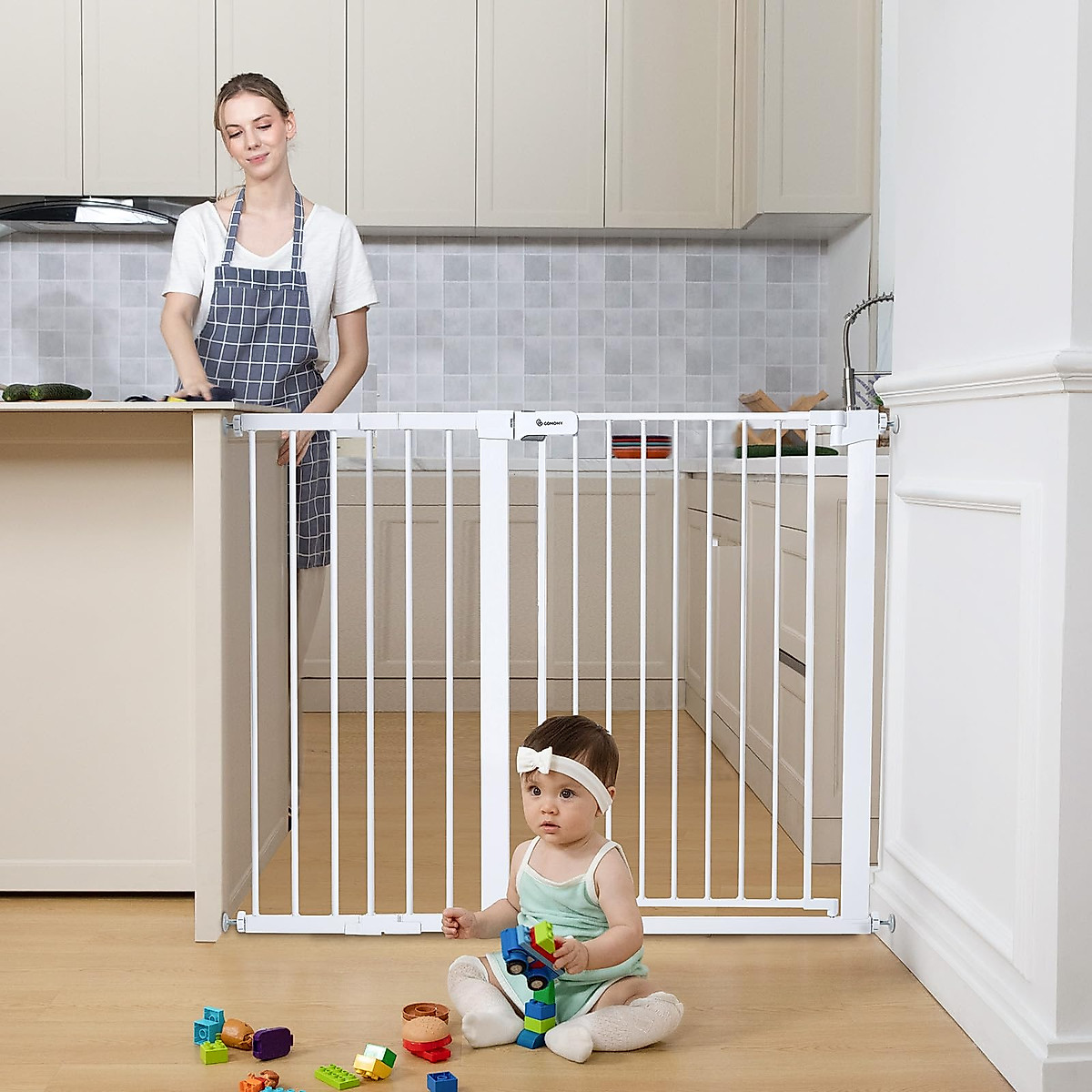 COMOMY 36" Extra Tall Baby Gate for Stairs Doorways, Fits Openings 29.5" to 48.8" Wide, Auto Close Extra Wide Dog Gate for House, Pressure Mounted Easy Walk Through Pet Gate with Door, White
