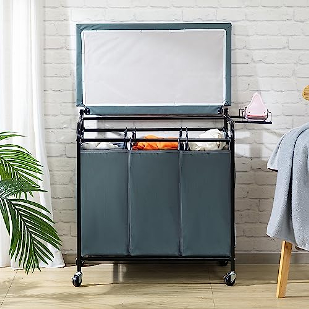 ALIMORDEN 3 laundry basket sorter with foldable ironing board,Removable Bag 3 laundry basket sorter with wheels Dark Grey