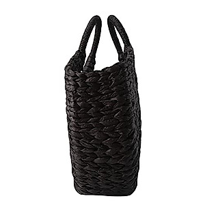 JUNYY Summer Beach Round Bucket Tote Bag For Women Woven Straw Bag Handmade Bohemian Rattan Handbag(Black)