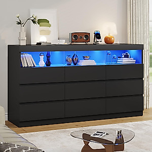 HAUOMS Black Dresser for Bedroom with LED Lights, Large Chest of Drawers Handle Free, Modern Long Dresser with 9 Drawers & Charging Station,for Living Room,Cloakroom,Entryway