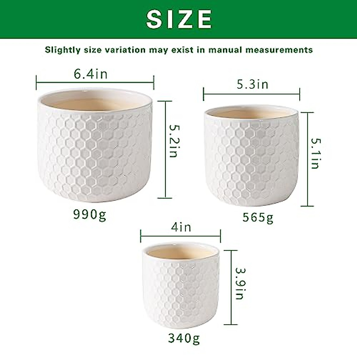 Docrin Ceramic Plant Pots Indoor: 6.5+5.3+4 Inch Planters with Drainage Holes for Home/Office - Set of 3 / White Honeycomb