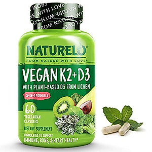 NATURELO Vegan K2+D3 - Plant Based D3 from Lichen - Natural D3 Supplement for Immune System, Bone Support, Joint Health - Whole Food - Vegan - Non-GMO - Gluten Free (60 Count (Pack of 1))