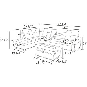 PVWIIK Modular Sectional Sofa Set, Modern L Shaped Sectional Sofa Set with Storage Ottoman & 2 Pillow, 2 Cup Holders, 6 Seat Sofa Couch Set for Living Room, Office, Apartment (Faux Leather, Black)