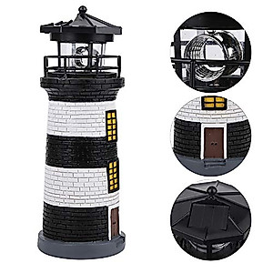 LED Solar Lighthouse Statue Rotating Lawn Craft Decorations for Outdoor Light Garden Courtyard(Black+White)