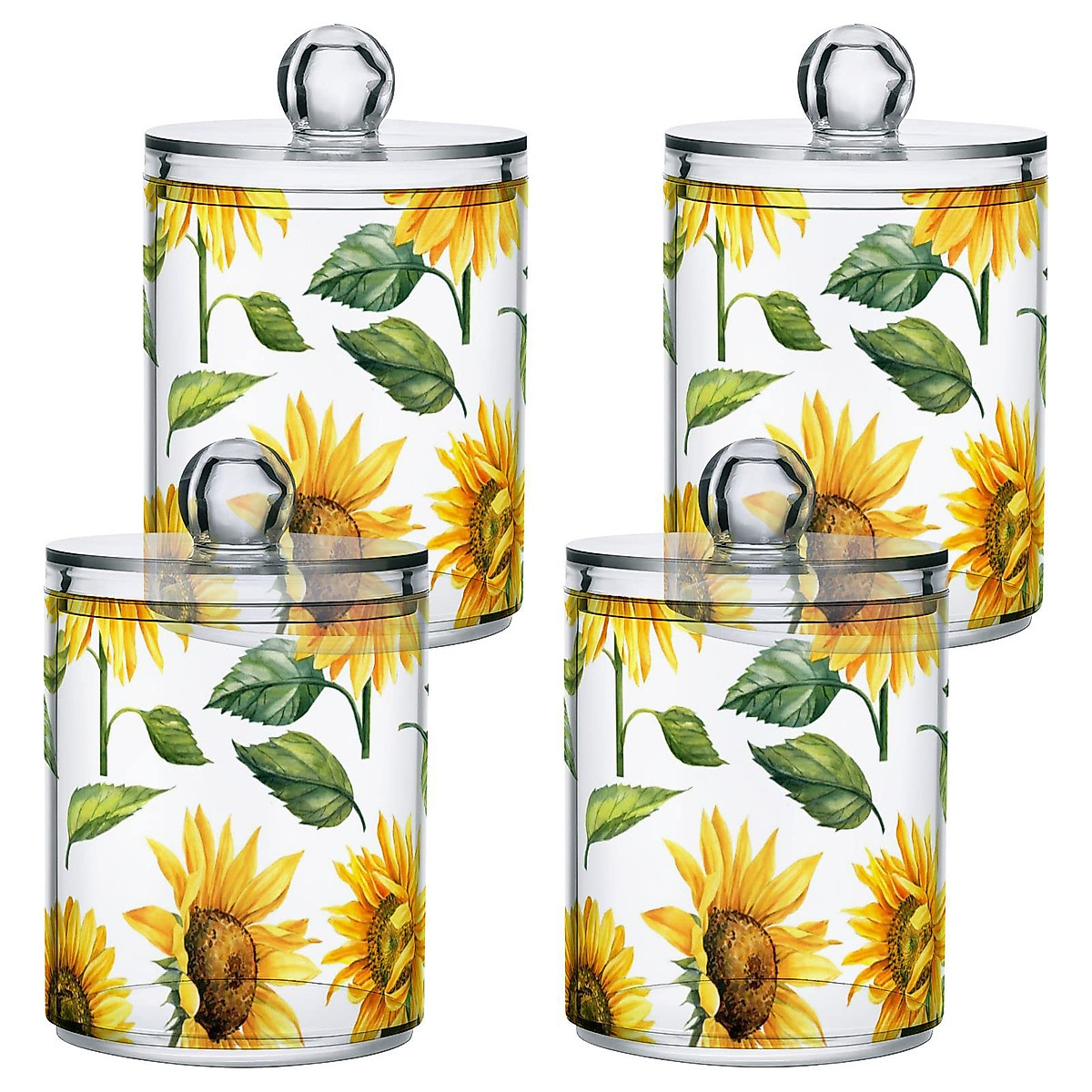 ALAZA 2 Pack Qtip Holder Dispenser for Cotton Ball Yellow Sunflower Cotton Swab Cotton Round Pads Clear Plastic Acrylic Jar Set Bathroom Canister