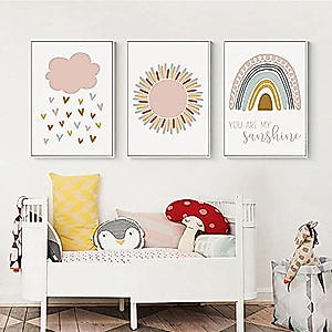 BIKCZEWIN Unframed Wall Art Prints Boho Rainbow Clouds Sun Canvas Painting Room Decor for Kids Girl Home Bedroom Classroom School Nursery Decorations