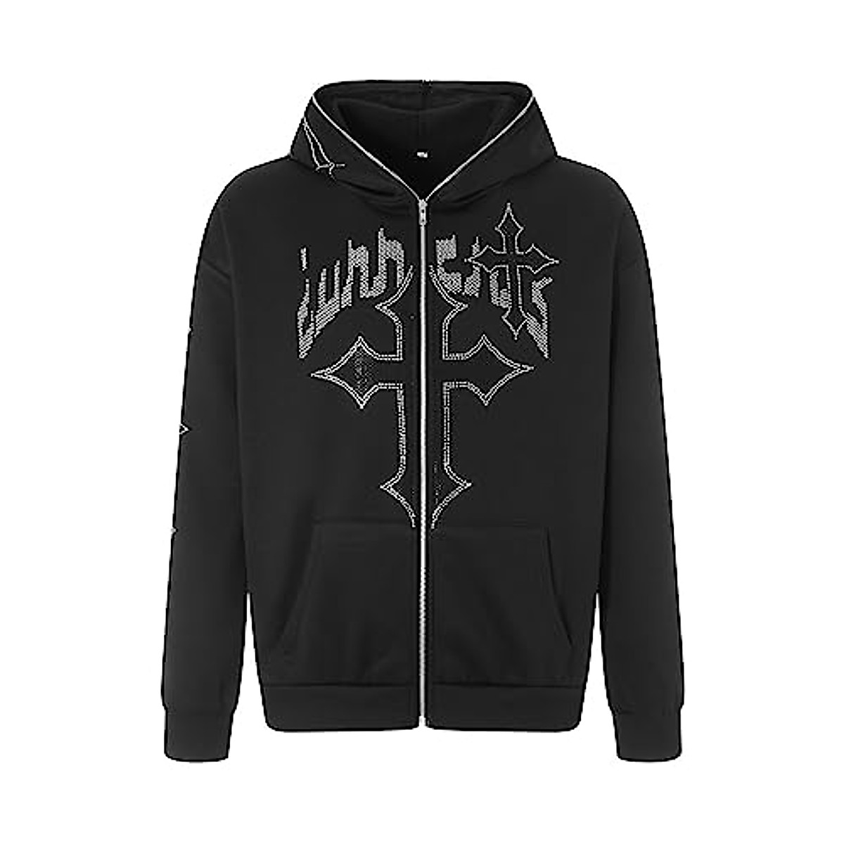 NaranjaBurbuja Y2K Rhinestone Full Zip Up Hoodie Women Man Goth Graphic Oversized Punk Jackets Grunge Sweatshirt Coat Halloween Clothes Harajuku Streetwear (E-Black Cross, M)