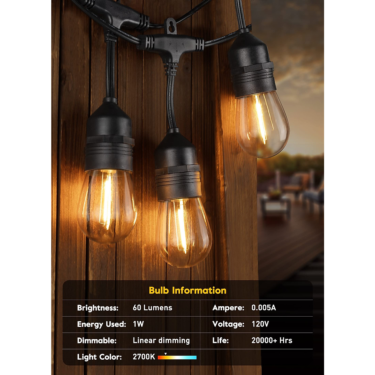 Brightown 52FT S14 Outdoor String Lights -Shatterproof Patio Lights with Waterproof Porch Hanging Lights Commercial Grade Outside Light for Cafe, Bistro, Garden, Backyard