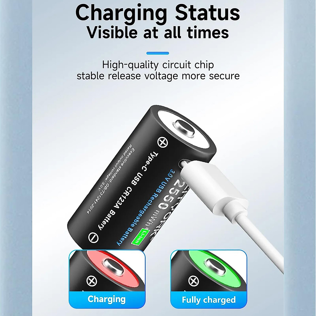 CITYORK CR123A 2550mWh Lithium Battery 6 Pack, 2550mWh CR-123A Lithium Battery for High Intensity Flashlight, Home Safety, Security Devices with 4 in 1 USB-C Cable（Not D Size Battery）