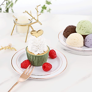 WELLIFE 240 Pieces Rose Gold Plastic Dessert Plates with Disposable Forks, Includes 120 Pcs Appetizers Plates 6.5 inch, 120 Pcs Rose Gold Forks, Perfect for Parties and Weddings