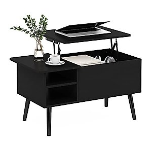 Furinno Jensen Living Room Wooden Leg Lift Top Coffee Table With Hidden Compartment and Side Open Storage Shelf, Americano