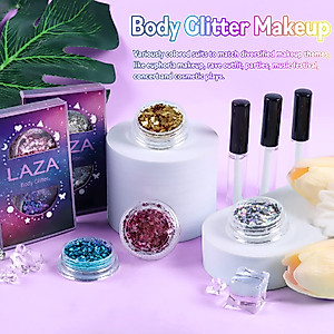 Laza Body Glitter, 2 Jars Holographic Chunky Sequins with Glitter Glue Perfect for Women Eyeshadow Makeup Face Paint Festival Rave Outfits Hair Accessories Carnival Party Costumes - Laser Galaxy