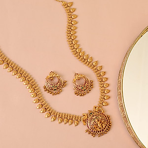 TARINIKA Antique Gold Plated Gita Long Necklace Set with Peacock Design - Indian Jewelry Sets for Women | Perfect for Ethnic Occasions | Traditional South Indian Necklace | 1 Year Warranty*