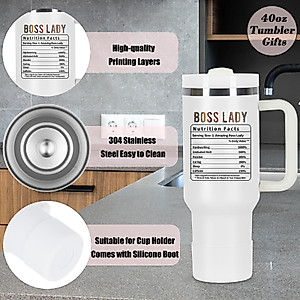 Boss Day Gift for Boss Lady, Boss Lady Nutrition Fact Gift for Boss Lady Manager Coworker Employer, 40 oz Boss Lady Tumbler with Handle, White