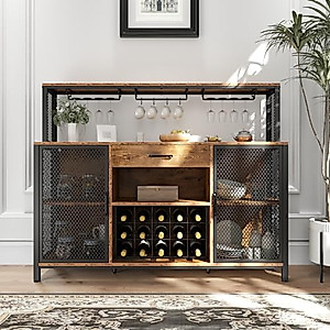 Gyfimoie Wine Bar Cabinet with Drawer and LED Lights, 55 Inches Industry Coffee Bar Cabinet with Wine Rack and Glass Goblet Holder, Kitchen Sideboard Buffet Cabinet for Liquor and Goblet
