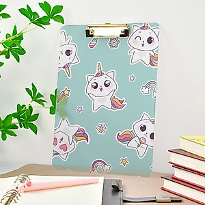 Plastic Clipboard Cute Unicorn Cat Caticorn A4 Letter Size 12.5 x 9 Inch with Metal Low Profile Clip for Office Classroom Students Coaches （Gold Clip）