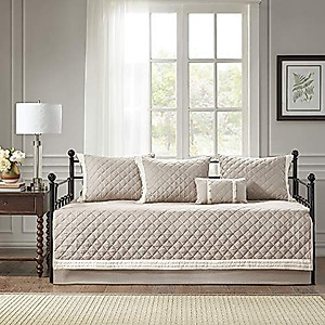 Madison Park 100% Cotton Daybed Cover Set - Trendy Design, All Season Luxury Bedding with Bedskirt, Matching Shams, Decorative Pillow, Diamond Quilted, Khaki 75"x39" 6 Piece