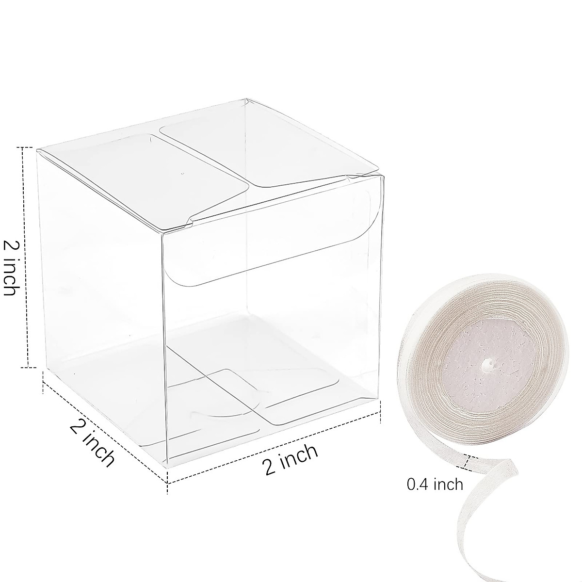 Jutieuo 100 Pack 2x2x2 Inches Clear Favor Boxes with Ribbons, Transparent Cube Treat Boxes for Candy Mini Cupcake & Chocolate Bomb, Individual Macaron Packaging Box for 2