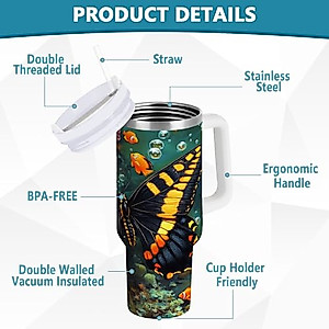 Slewiaeky Tumbler with Handle 40 oz Insect Butterfly Retro Travel Mug with Lid and Straw Ocean Stainless Steel Vacuum Insulated Water Bottle Cup for Iced Tea Coffee Cold Beverages Cup Holder Friendly