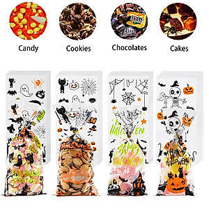 ONFAON Halloween Cellophane Treat Bags, 180pcs Halloween Trick or Treat Goody Gags with 200pcs Twists for Snacks Cookies Packing, Halloween Goodie Bags Party Supplies (180pcs)