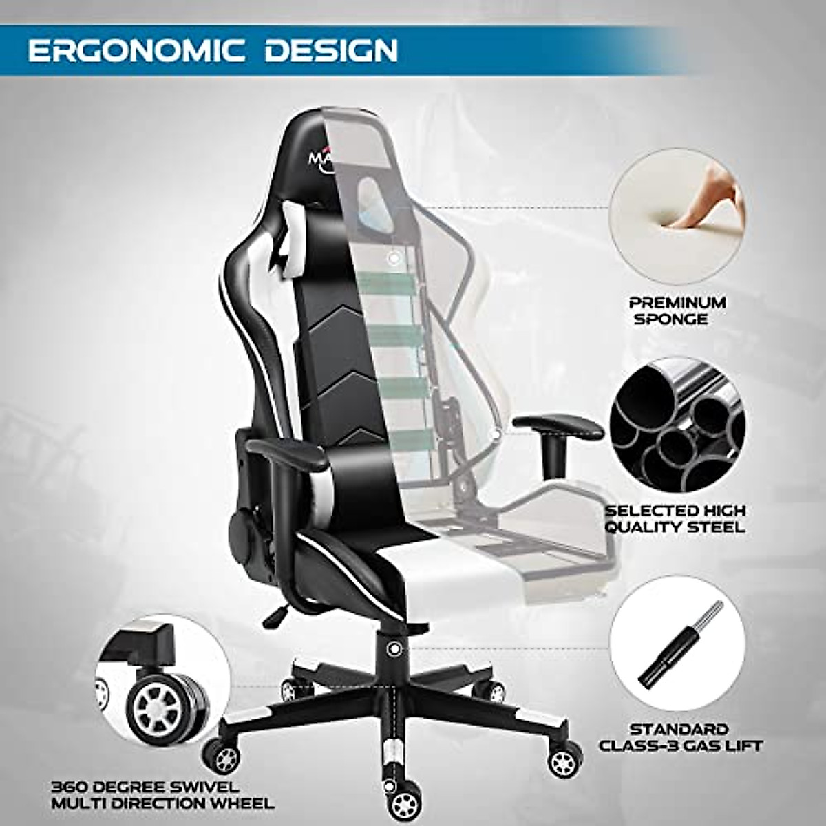 Polar Aurora Gaming Chair Racing Style High-Back PU Leather Office Chair Computer Desk Chair Executive Ergonomic Swivel Chair Headrest Lumbar Support (white1)