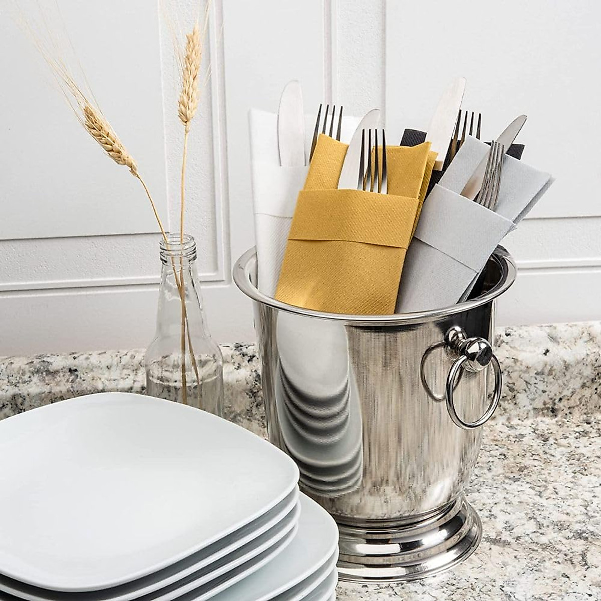 AMERICAN HOMESTEAD Dinner Napkins with Flatware Pocket - Pre-Folded Cloth-Like Disposable Table Napkins - Absorbent Paper Serviettes for Weddings, Parties, and Events - 16" x 15.5" - 50 Count (Silver)