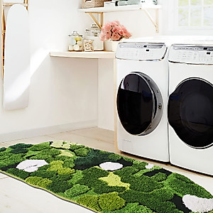 Hifuwan Cute Green Moss Bathroom Runner Rug Long Rectangular Boho Aesthetic Leaf Leaves Bath Mat Shaggy Non Slip Absorbent Shower Mat Decor