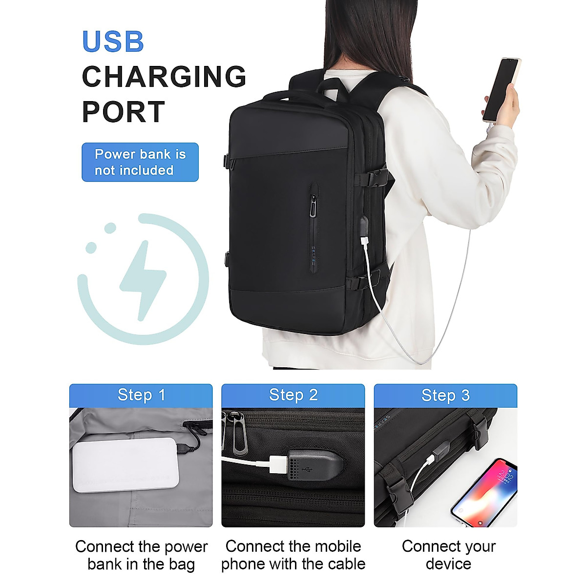 VECAVE Travel Backpack for Women Men,Carry On Backpack,Expandable Airline Airplane Approved Weekenders Backpack,Fit 15.6 Inch Laptop Waterproof 40L Travel Backpack Black