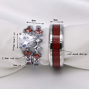 ringheart Couple Rings White Gold Filled Heart Stone Red Cz Womens Wedding Ring Sets Wood grain Man Tungsten Wedding Band