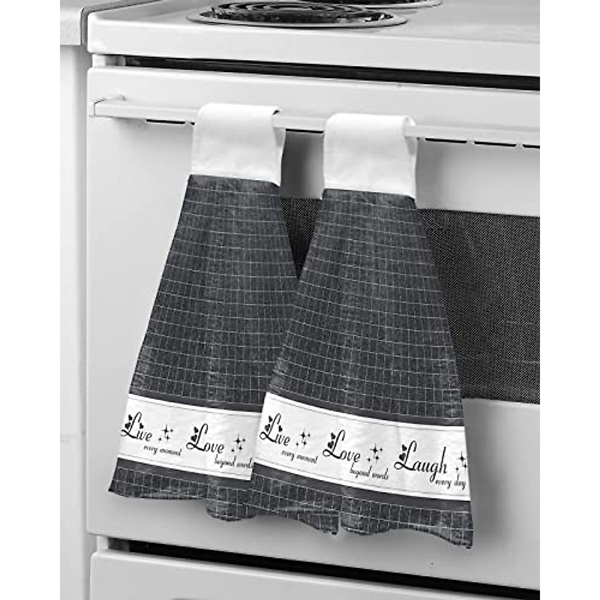 2 Pack Hanging Kitchen Hand Towels, Live Love Laugh Grey Hand Tie Towels with Hanging Loop, Gray Checkered Wall Art Modern Soft Absorbent Towels Set for Bathroom and Kitchen