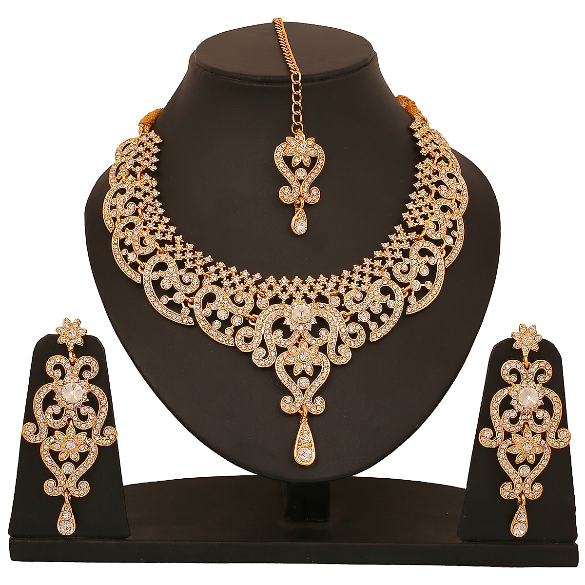 Touchstone Indian jewelry set for women bollywood gold jewellery wedding outfits necklace sets earrings bridal maang tikka fancy costume girls ethnic big desi accessories rhinestone in gold tone