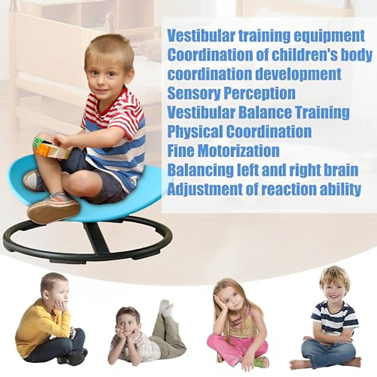 Yiuhhad Autism Kids Swivel Chair,Spin Sensory Chair,Kids Spinning Chair,Sit Spin Training Body Coordination,Metal Base Non-Slip Small Desk Chair (Blue)