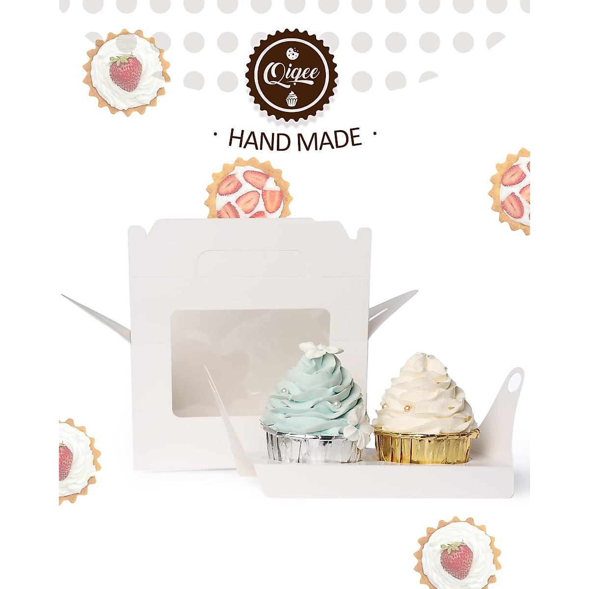 qiqee 100 Packs Cupcake Box Two Holder 6.5x3.6x3.5inch(2.2" Top) White 2 Cupcake Boxes With Window（100 Boxes+100 Inserts）